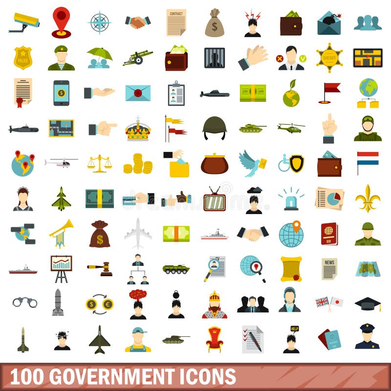 100 Government Icons Set, Flat Style Stock Vector - Illustration of ...