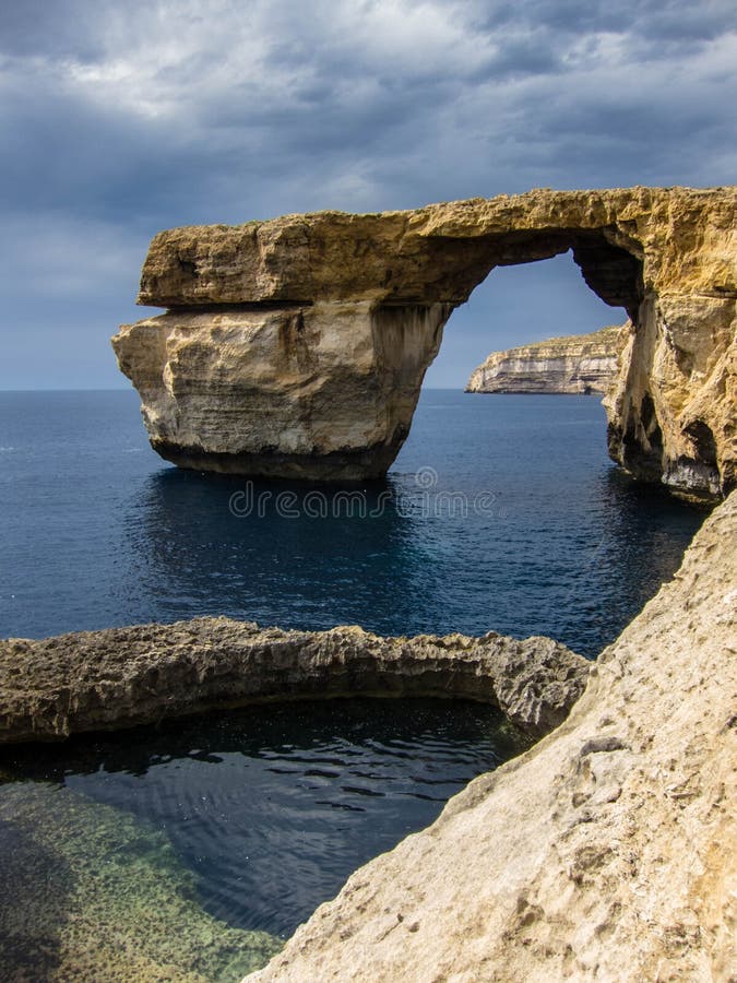 Gozo Azure Window with Blue Hole Stock Image - Image of erosion ...