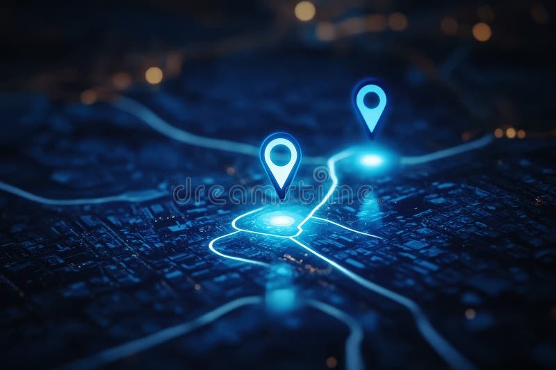 GPS. Abstract Three Pin Icons on Blue City Map with White Line ...