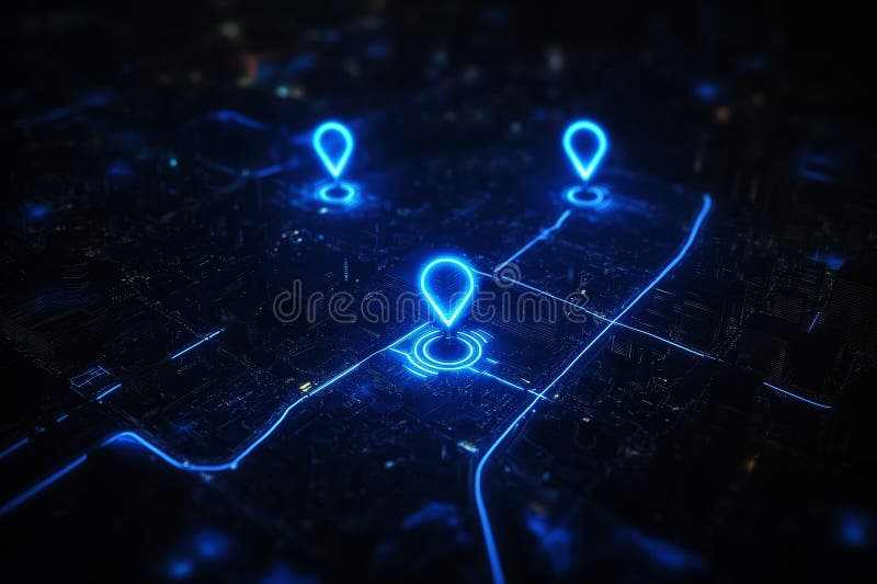 GPS. Abstract Three Pin Icons on Blue City Map with White Line ...
