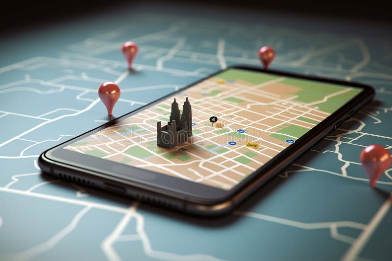 GPS App, Map with Pin Pointing on Mobile Screen, Stock Illustration ...