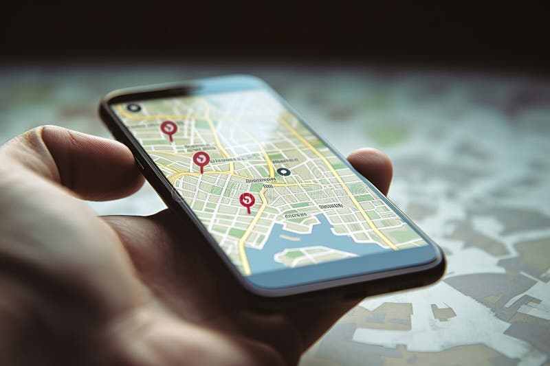 GPS App, Map with Pin Pointing on Mobile Screen, Generative AI Stock ...