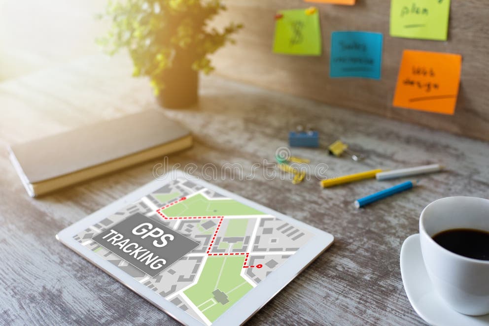 GPS Global Positioning System Tracking Map on Device Screen. Stock ...