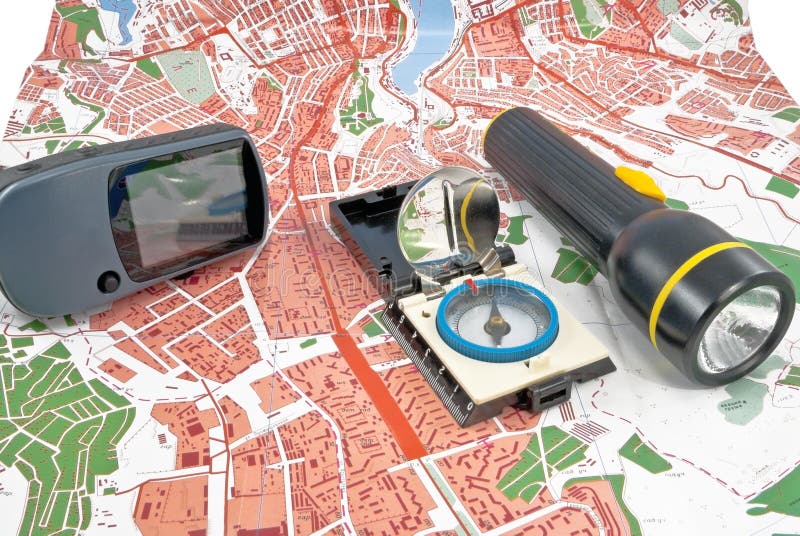 Map, Compass and Flashlight Stock Image - Image of travel, light: 10955785