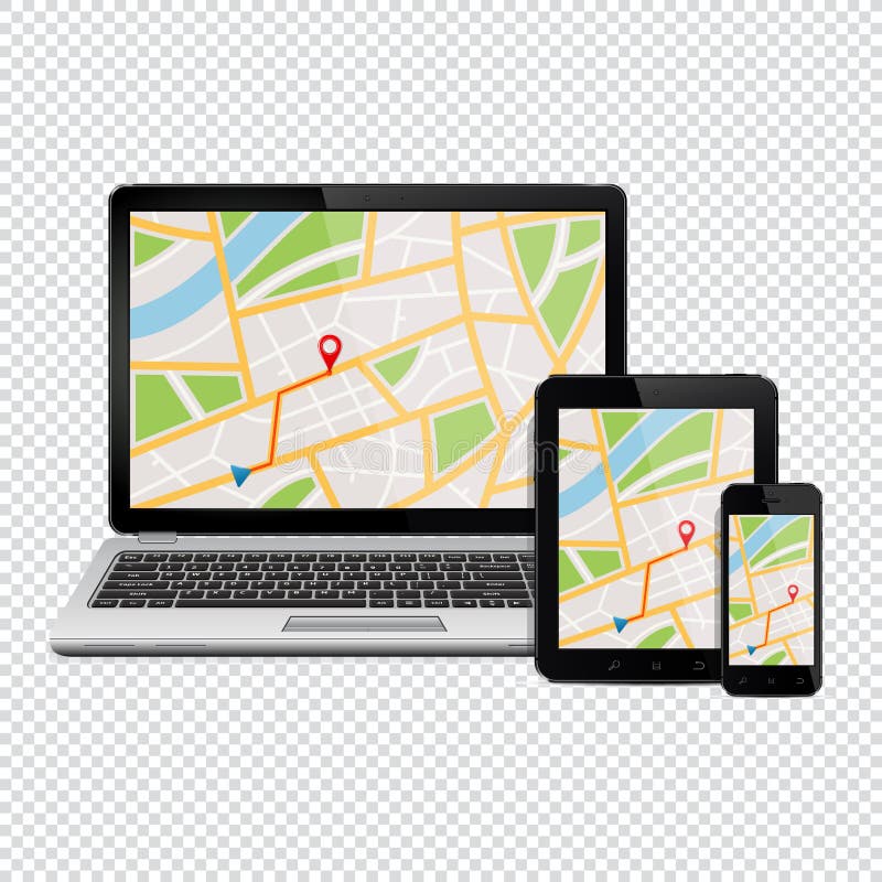 GPS Map on Display of Modern Digital Devices Isolated on Transparent ...