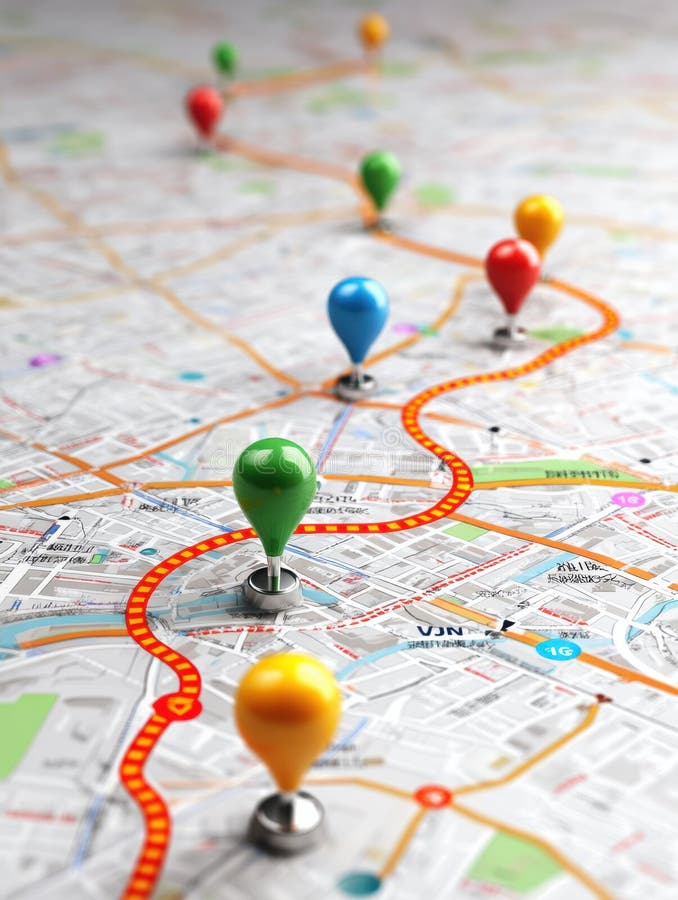 Gps Map Displaying Blinking Route Points And Highlighted Navigation Path Through Urban Area