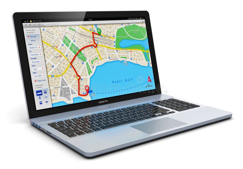 GPS-Navigation auf Laptop stock abbildung. Illustration von computer - 47688732