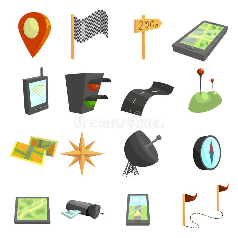 GPS Navigation Icons Set, Cartoon Style Stock Vector - Illustration of ...