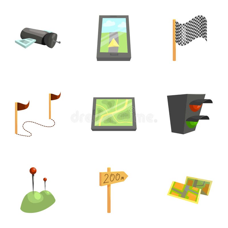 GPS and Navigation Icons Set, Cartoon Style Stock Vector - Illustration ...