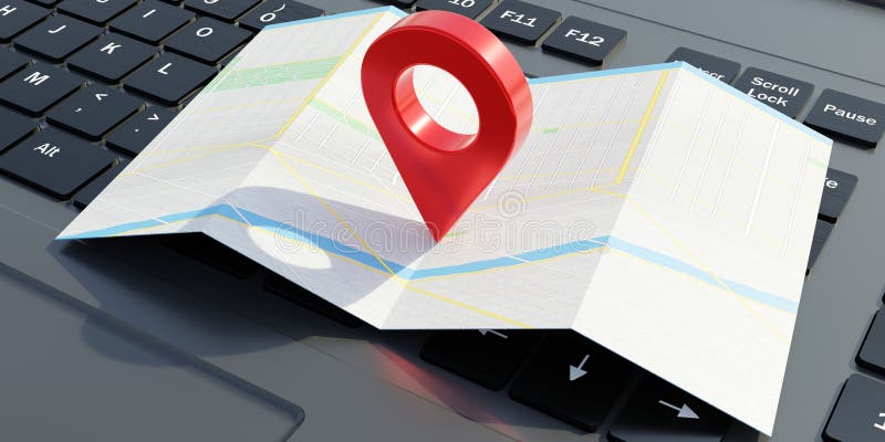 GPS Navigation Pointer on a Map, Laptop Computer Background. City Map Application Stock ...