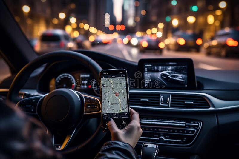GPS Navigation on the Smartphone Screen in a Car at Night Stock ...