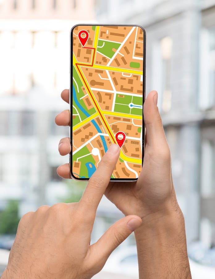 GPS Navigation System App Opened on Smartphone in Male Hands Stock ...