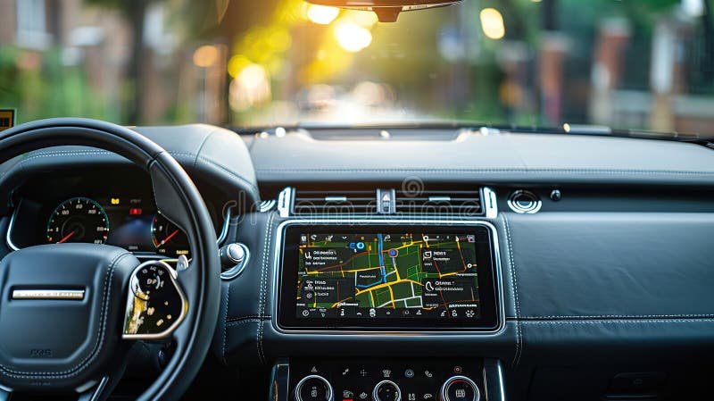 A GPS Navigation System with a Map Displayed on the Screen Inside a Car ...