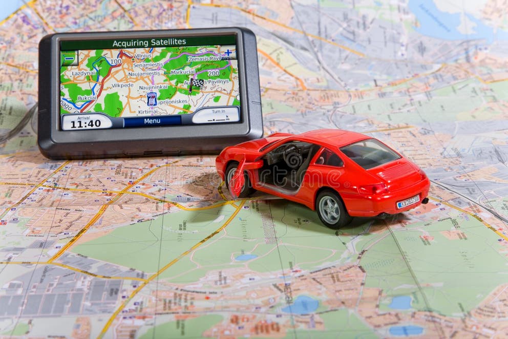 GPS Navigation System on a Traveling Map Stock Image - Image of ...