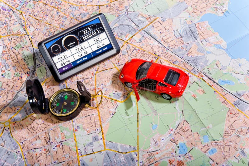 GPS Navigation System on a Traveling Map Stock Photo - Image of global ...