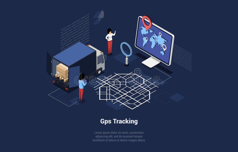 GPS Tracking Concept Illustration on Dark Blue Background with Writing ...