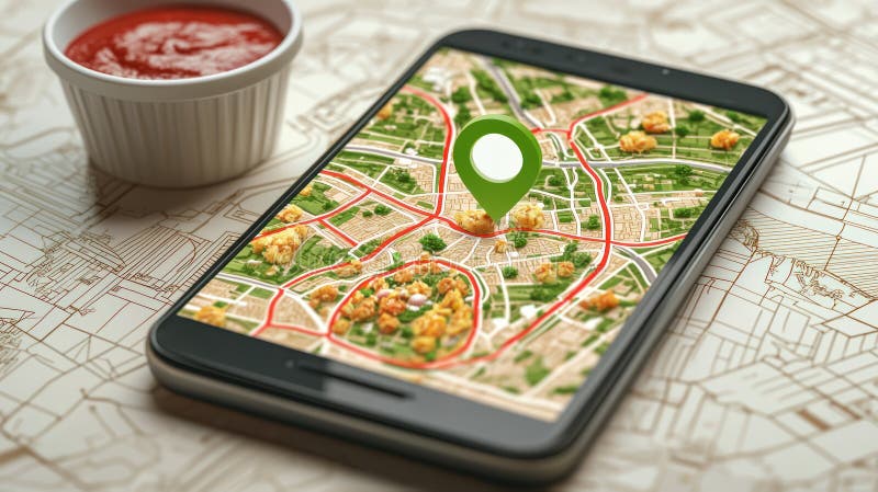 GPS Tracking Screen Showing Food Delivery Route with Smartphone Stock ...