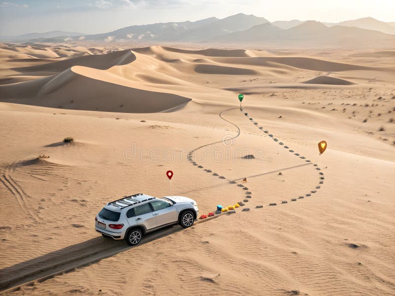 GPS TrGPS Tracking Car with Many Pins in the Middle of the Desert Stock ...