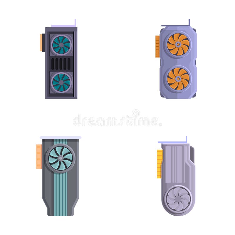 Gpu Card Icons Set Cartoon Vector. Computer Graphic Card with Cooling ...