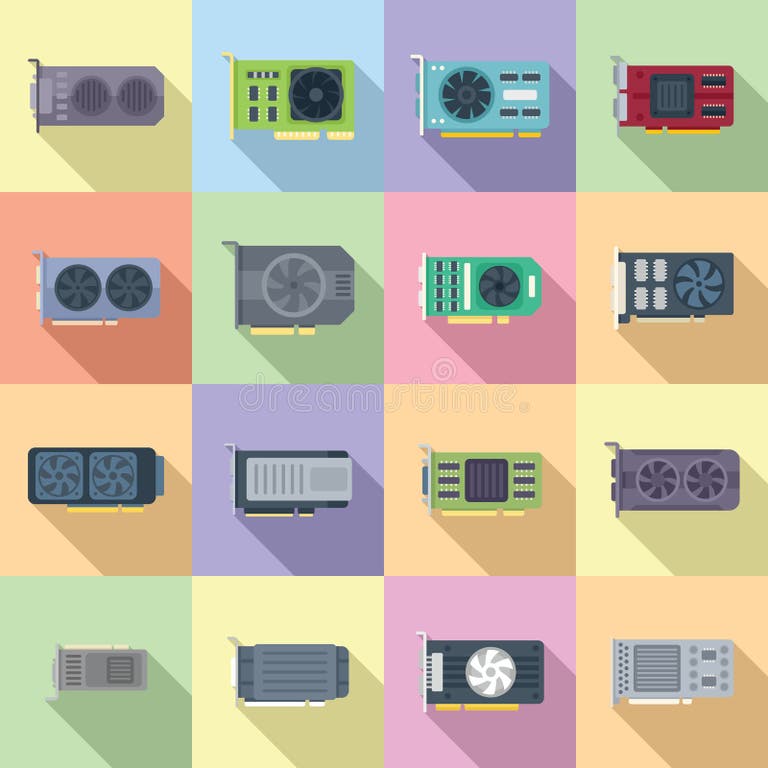 GPU Graphic Card Icons Set Flat Vector. Hard Ware Stock Vector ...