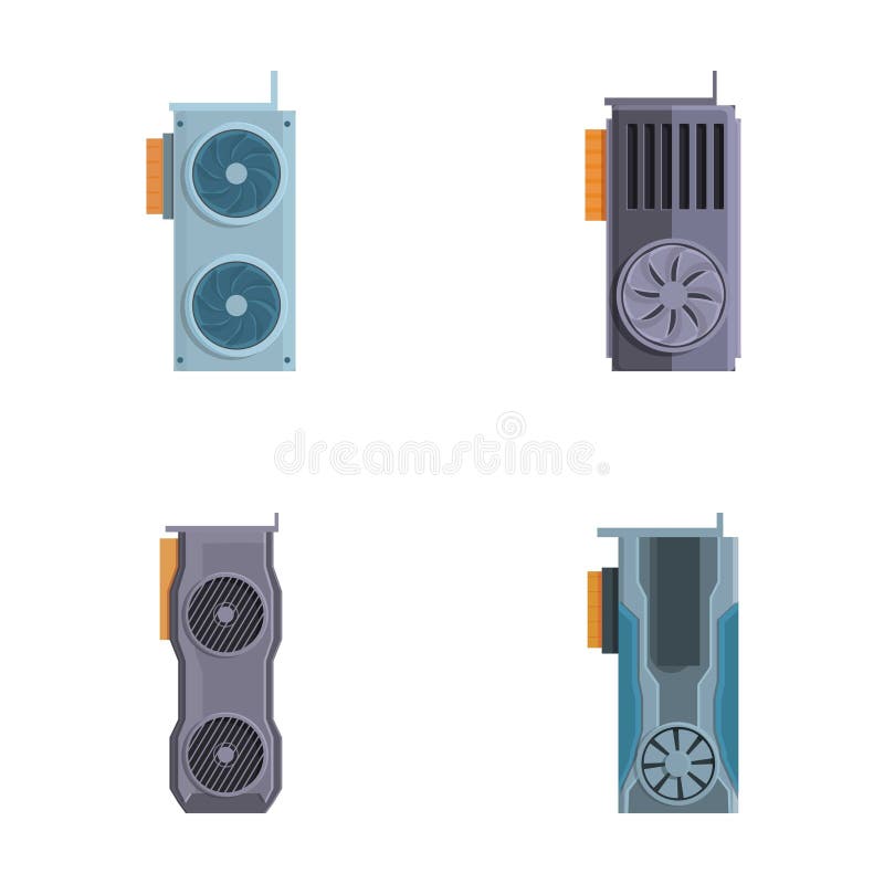 Gpu Icons Set Cartoon Vector. Computer Graphic Card with Cooling Fan ...