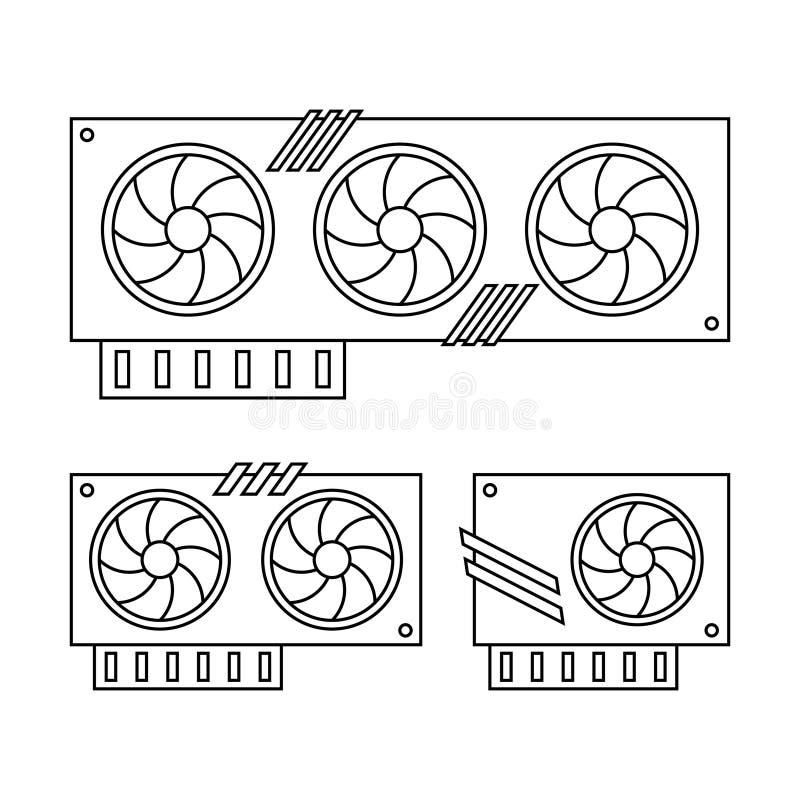 GPU Line Icon Set. Modern Graphics Processing Unit with Three Fans, Two ...