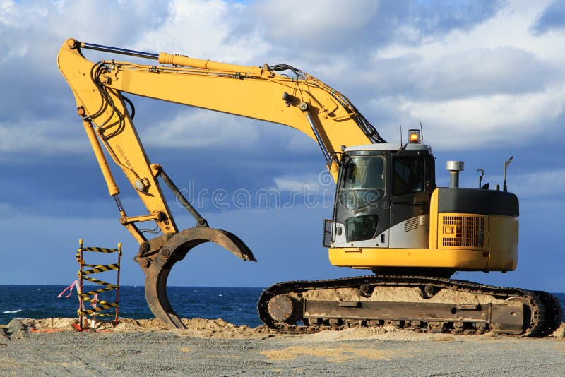 Grab Excavator. Boulder Wall Construction. Stock Image - Image of ...