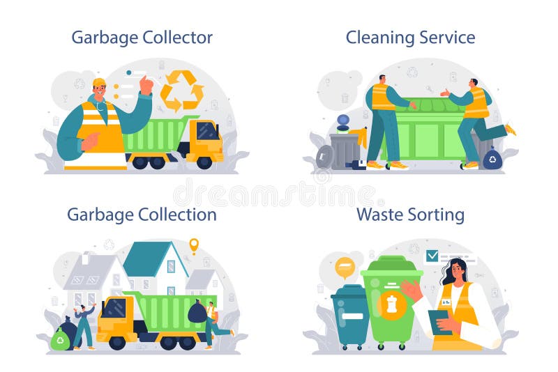 Grabage Collector Set. Cleaning Worker Emtying Bin Container into a ...