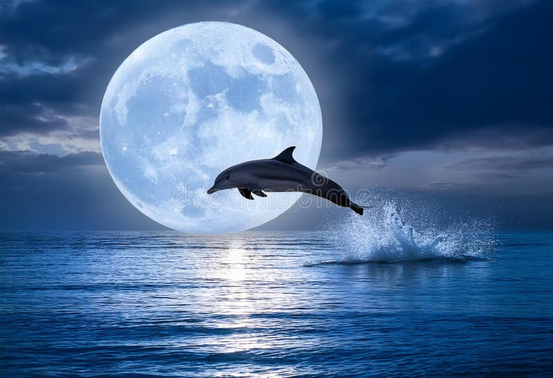 Grace of the Dolphin in the Moonlight Stock Illustration - Illustration ...