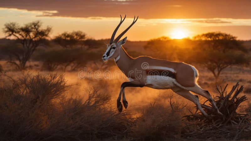 Majestic Springbok Leaps at Golden Sunset in African Savanna Stock ...