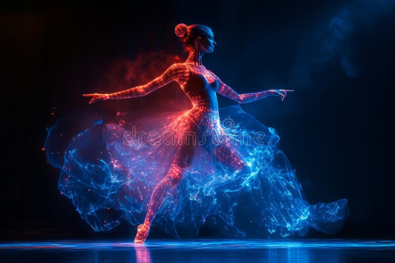 Graceful Ballerina Dancing with Luminous Digital Dress, Creating a ...