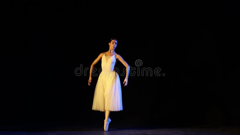 Graceful Ballerina In Elegant White Dress Practicing Base Movements In