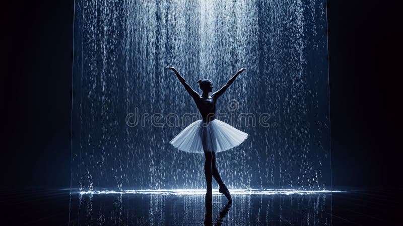 Ballerina Dancing Under Artificial Rain in Dark Studio Stock Image ...