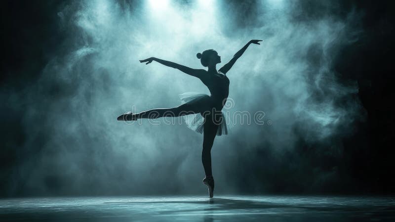 Graceful Ballet Lift Silhouette with Fog Effect on Stage and Dramatic ...