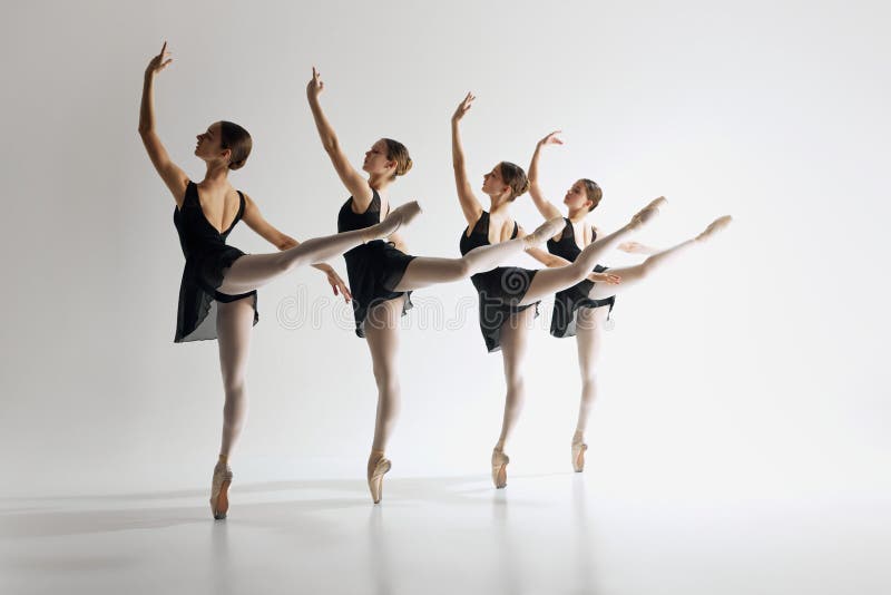 Four Graceful Ballet Dancers, Teens in Black Leotards and Pointe ...