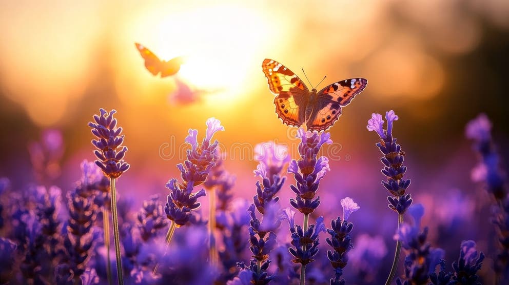Graceful Butterflies Flutter through Lavender Fields As the Sun Sets ...