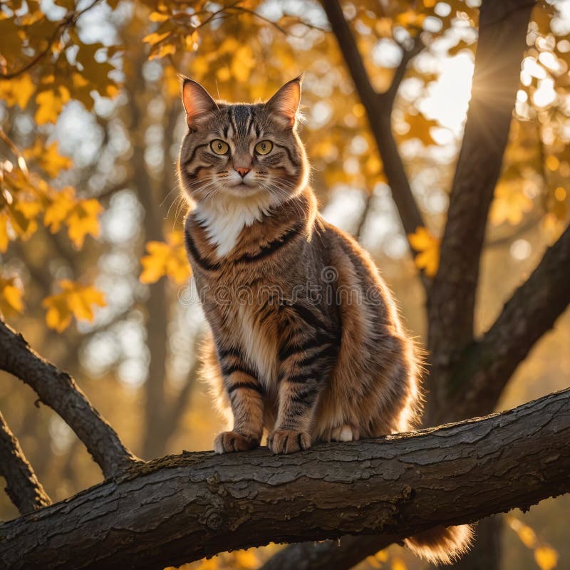 Graceful Cat on Autumn Oak Tree at Golden Hour Stock Illustration ...