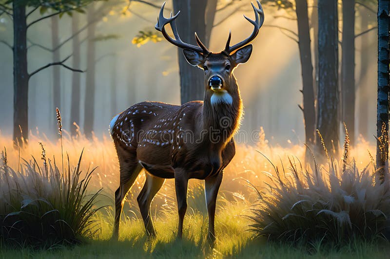 Graceful Deer Standing in Early Morning Mist - Sharp Focus on Dew ...