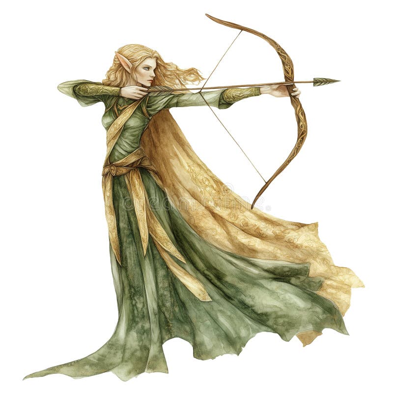 A Graceful Elven Archer with a Bow Dressed in Flowing Green and Gold ...
