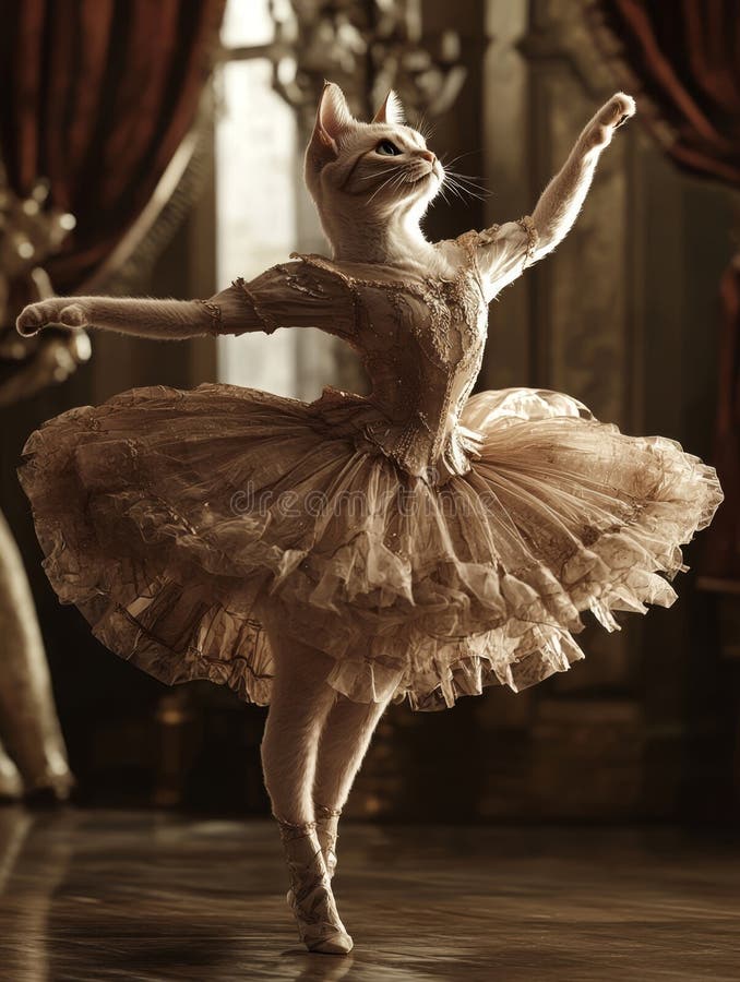 Graceful Feline Ballet, a Cat Performing in an Elegant Tutu and Stage ...