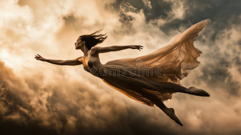 Graceful Female Dancer in Mid-air with Flowing Fabric Against a ...