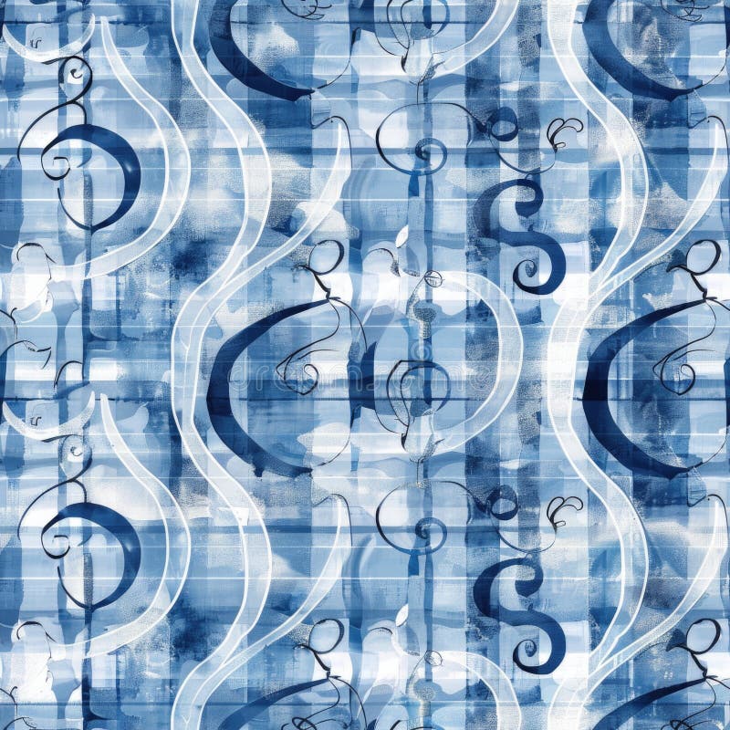 A Graceful Fusion of Delicate Scrollwork and Plaid in Shades of Blue ...