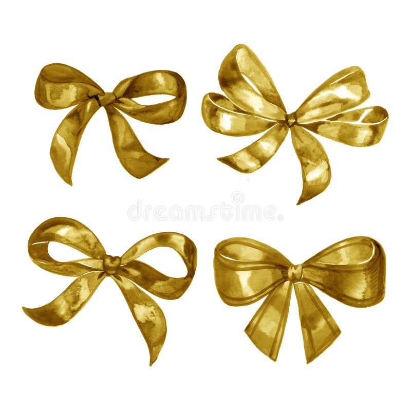 Graceful Golden Bow Isolated on White Background. Watercolor Stock ...