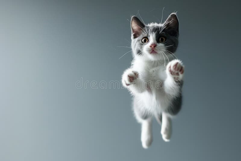 Graceful Grey and White Cat Joyfully Leaping in Mid Air with Infectious ...
