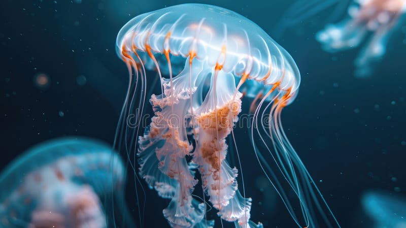 Graceful Jellyfish Float through Deep Ocean Waters Stock Illustration ...