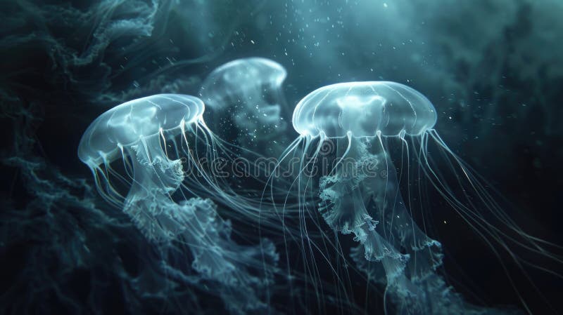 Graceful Jellyfish Float through Deep Ocean Waters Stock Illustration ...