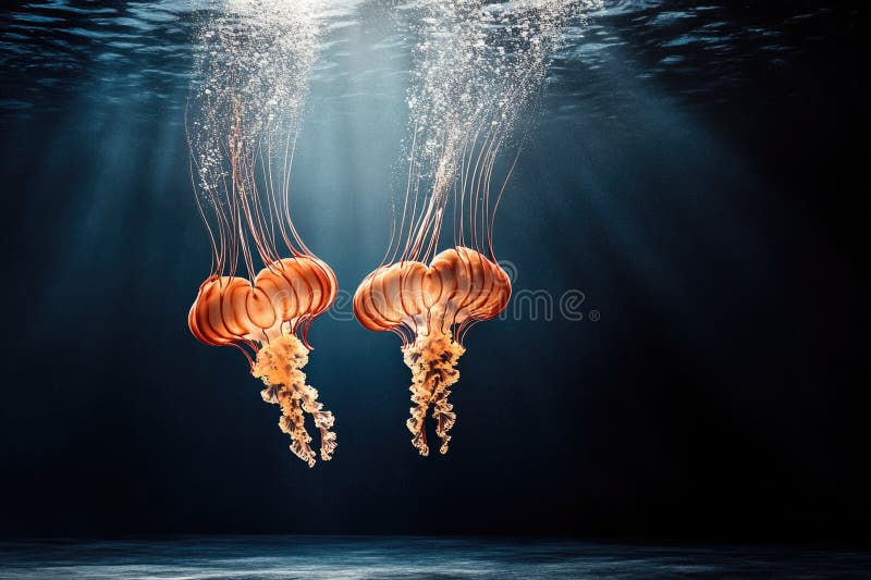 Graceful Jellyfish Pair Floating in Deep Ocean with Sunlight Rays Stock ...