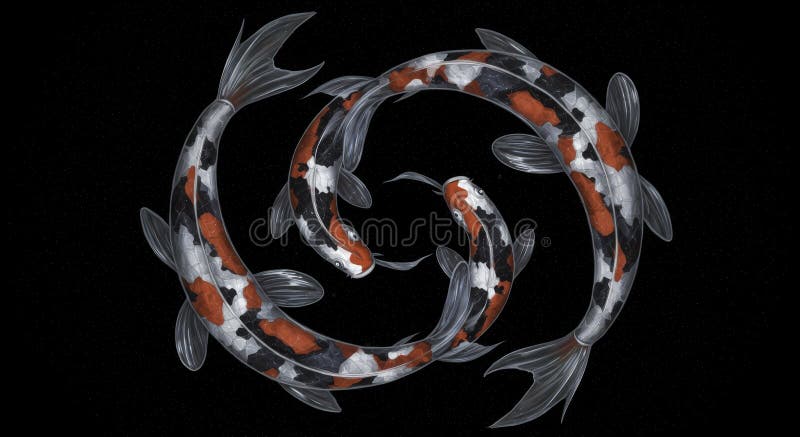 Graceful Koi Fish Dance in a Circular Pattern, Black Background Stock ...