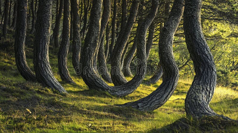 Graceful Leaning Trees Create Enchanting Forest Scene Nature Landscape ...