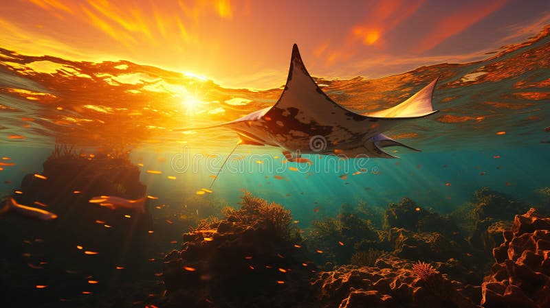 Graceful Manta Ray Gliding through the Ocean at Sunset, AI-generated ...